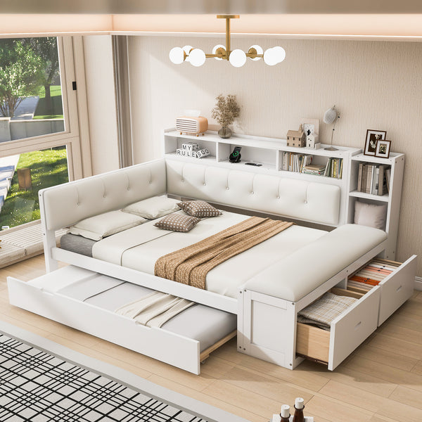 Full Size Daybed Sofa Bed Frame with Trundle, Storage Shelves, Chargin ...